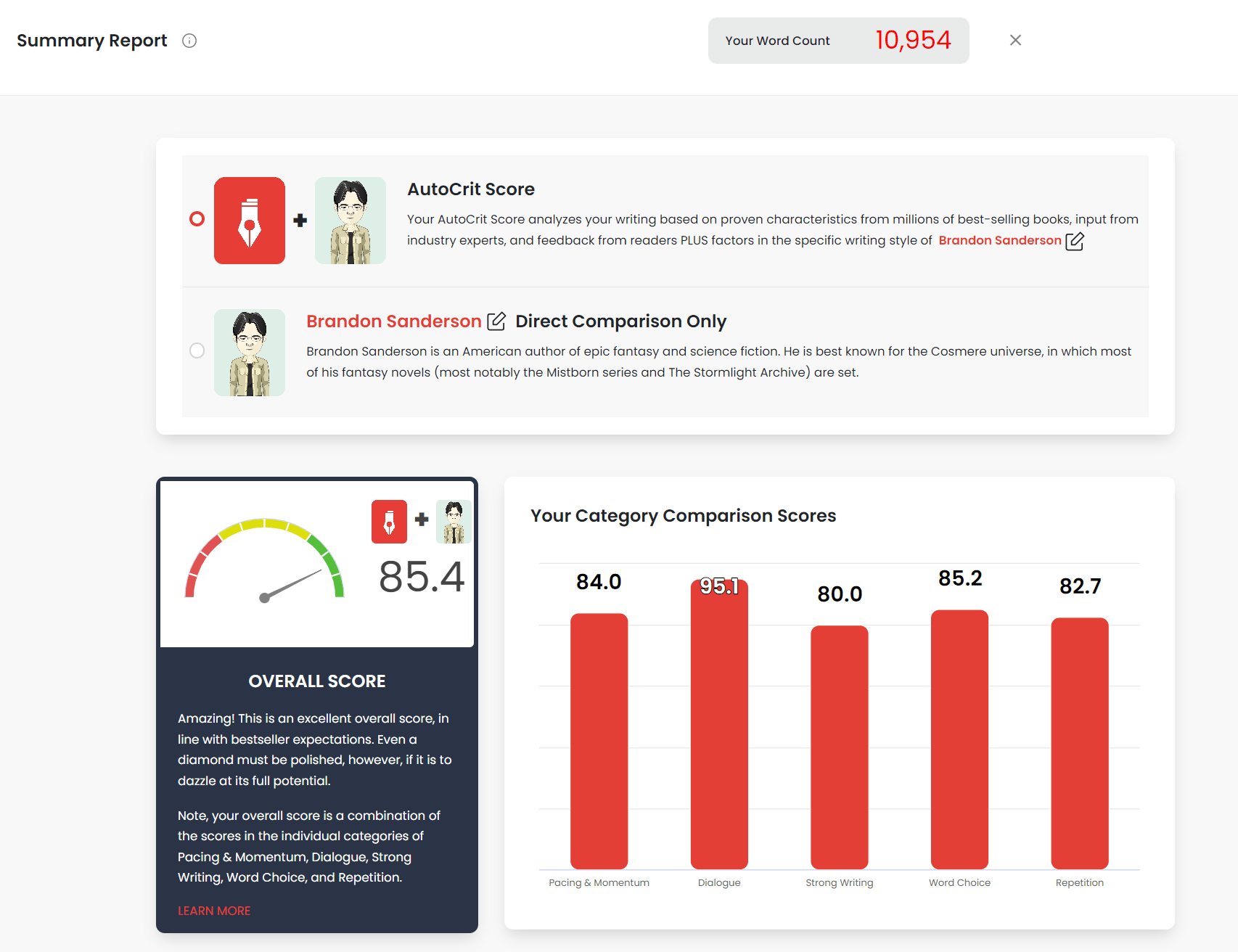 Summary Report: Overall Score - AutoCrit Online Editing